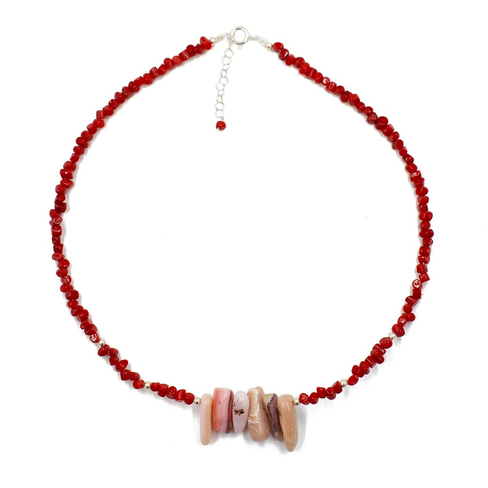 Collier en corail rouge véritable et opale rose