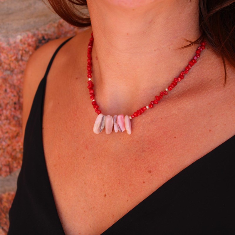 Collier en corail rouge véritable et opale rose